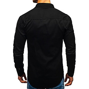 Men's Long Sleeve Hiking Shirts Lightweight Tactical Button Down Cargo Shirt Plain Slim Fit Shirt with Pockets (Black,Large)