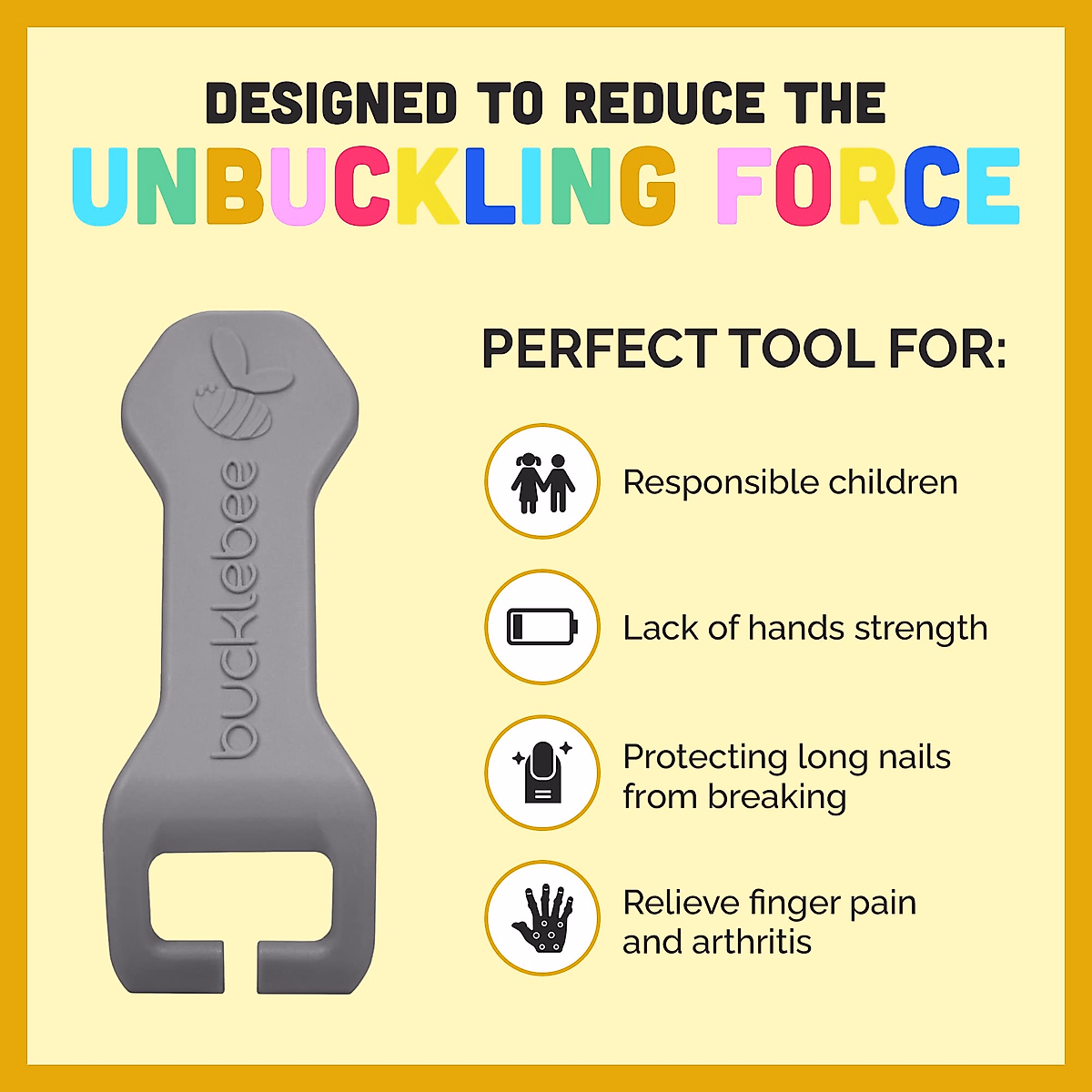 Bucklebee Easy Car Seat Buckle Release Aid for Children Unbuckle Car Seat Release Tool - Car Seat Button Pusher - Car Seat Opener for Nails - Car Seat Buckle Release Tool (1 Pack Gray)