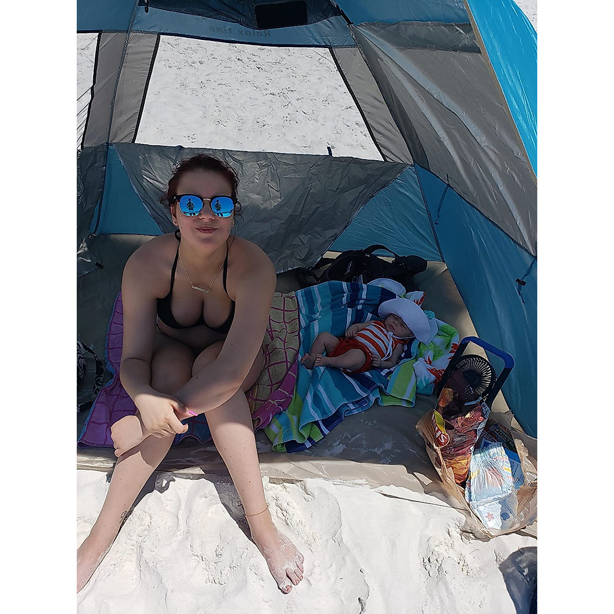 G4Free Easy Set up Beach Tent Deluxe XL, Portable Beach Shade 4 Person Pop up Sun Shelter UPF 50+ UV Protection Large Family Size(Lake-Blue)
