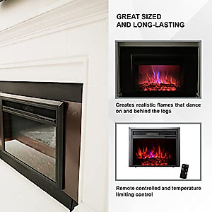 XBrand 28 Inch Long Black Glass and Steel Indoor Insert Electric Fireplace Heater with Remote Control, LED Rolling Flame Effect, and Temperature Limiting Control
