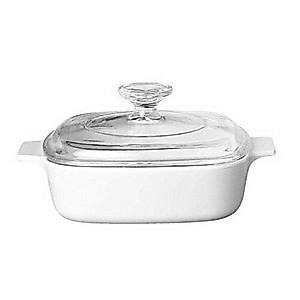 CorningWare 4 Piece Pyroceram Classic Casseroles 2.4 qt/2.25L Round & 2.1 qt/2L Square Cooking Pots With Handles & Glass Lid - White