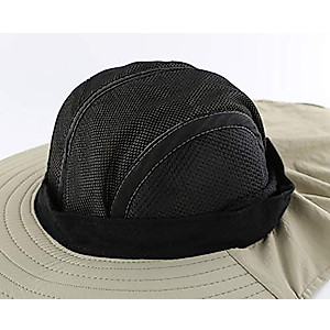 LLmoway Mens Outdoor Sun Protection Cap Wide Brim Breathable Mesh Boonie Hat with Neck Flap Khaki