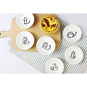 BigNoseDeer Super Cute Cat Ceramic Sauce Dish,Mini Side Seasoning Dish,Condiment Dishes,Sushi Soy Dipping Bowl,Snack Serving Dishes,Meow Porcelain Small Saucer Set(Set of 6)