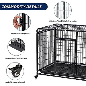 Azaeahom 43" Heavy Duty and Large Dog Crate Cage for Medium Large Dogs, High Anxiety Dog Kennel with Lockable Wheels & Removable Tray, Double Doors for Indoor Outdoor