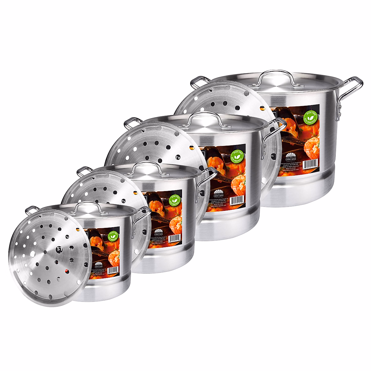Kitchen Sense Aluminum Stock Pot with Steamer 4 piece Set of 8 quart (2 gallon), 12 quart (4 gallon), 16 quart (4 gallon), and 20 quart (5 gallon).