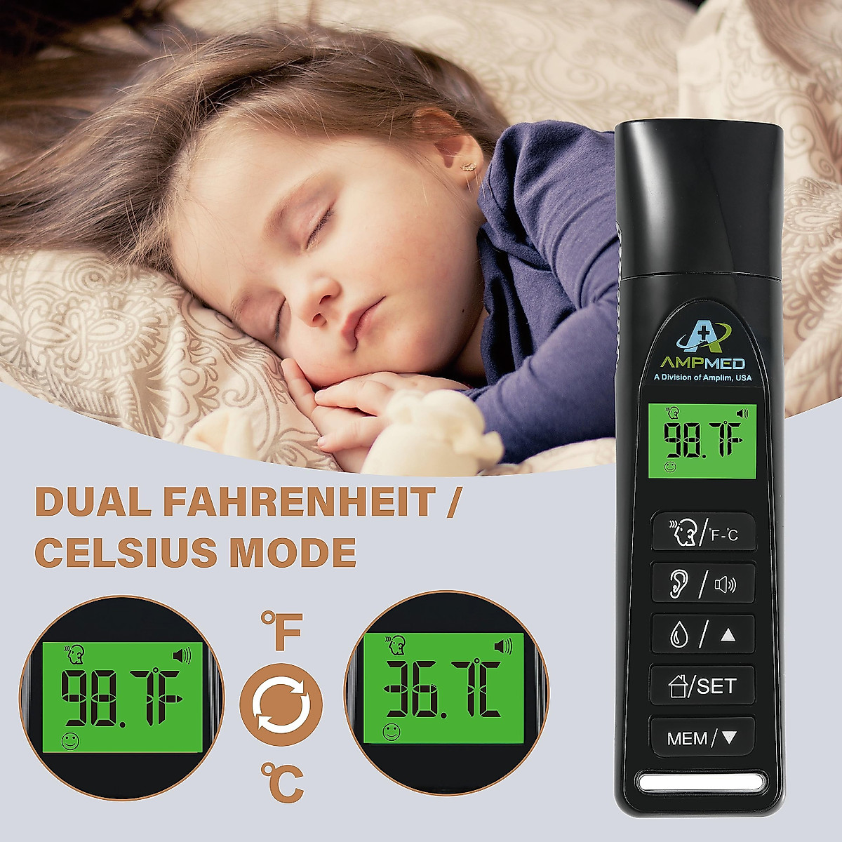 Amplim Baby Thermometer | 3-in-1 Infrared Thermometer for Ear, Forehead & Touchless, FSA/HSA Eligible Accurate Fever Thermometer for Baby, Infants, Toddlers, Kids & Adults | Black Base Stand & Clock