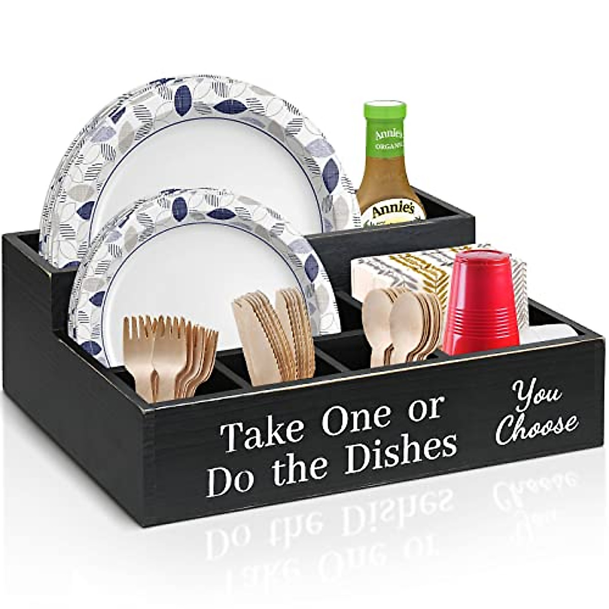Kitchen Countertop Paper Plate Holders,Paper Plate Organizer Box Utensil Caddy for Kitchen Counter,Wooden Flatware Organizer Silverware Caddy Disposable Dish Holder for Wedding,Party,BBQ(Black)