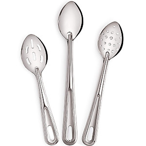 Premium 3 Piece Stainless Steel Baking & Basting Spoon Set, Includes 15" Solid Spoon, 13" Perforated Spoon, 11" Slotted Spoon - Heavy Gauge Durability - Modern Mirror Finish Flatware