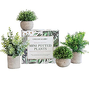 GreenCallow Artificial Plants for Home Decor Indoor. 4 Mini Plants, Rosemary Faux Plant Decor, Eucalyptus Plant, Grass Faux Plants. Small Fake Plants for Shelf or Desk Plant Artificial Greenery Décor