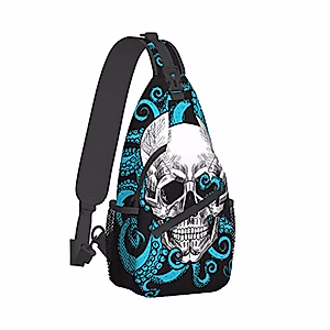 Yrebyou Octopus and Skull Sling Bag Women Crossbody Chest Backpack Hiking Daypack Men Travel Casual Rideing Outdoor Beach