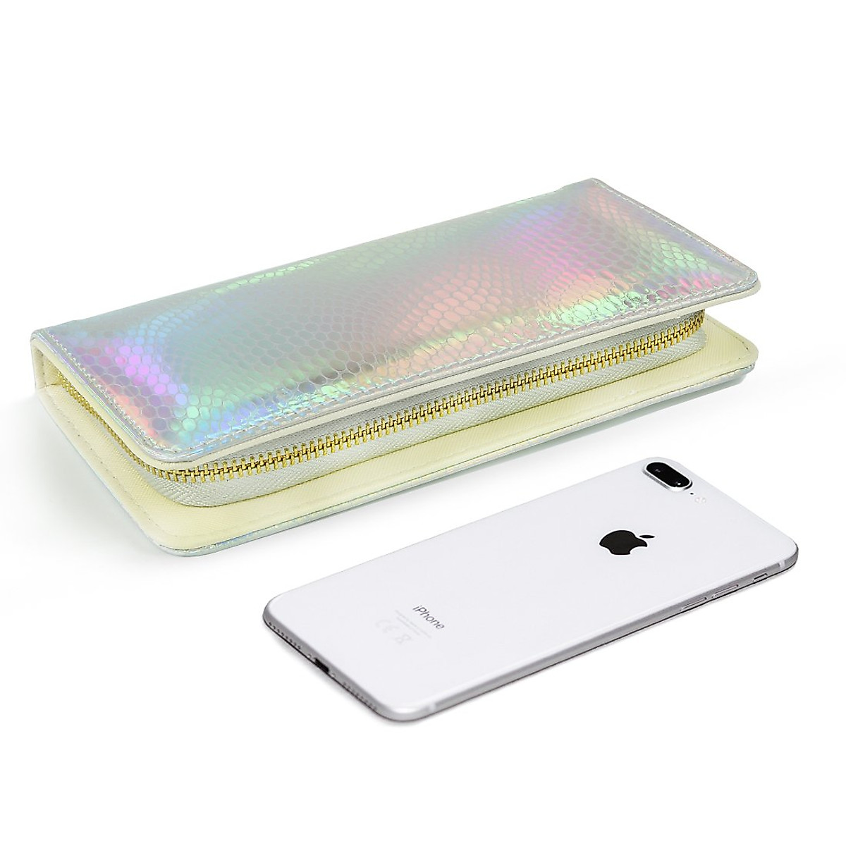 YAIRYANGTZE Holographic Wallet Clutch - Iridescent Purse Long Wallet with Zipper for Women (Silver)