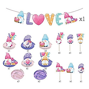 Valentine's Day Banner, Happy Valentines Day Banner Gnome Valentines Garland Banner Conversation Heart Decor Valentines Hanging Swirls Gnomes Cupcake Toppers for Girls Valentines Party Home