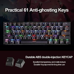 MOTOSPEED 60% Mechanical Keyboard Portable 61 Keys RGB LED Backlit Type-C USB Wired Office/Gaming Keyboard for Mac, Android, Windows（Red Switch）