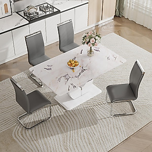 Pvillez 63" Marble Dining Table Set for 4, Modern Dining Room Kitchen Table with 1.57" Faux Marble Top & 4 PU Leather Upholstered Gray Dining Chairs, 5 Piece Dining Table Set for Dining Kitchen