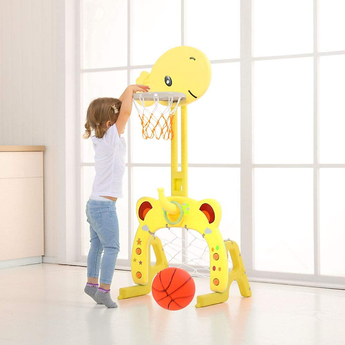 Enlitoys Kids Basketball Hoop Set, 3 in 1 Sports Activity Center Grow-to-Pro Adjustable Basketball Toy for Indoor & Outdoor, Best Gift for Kids （Yellow）