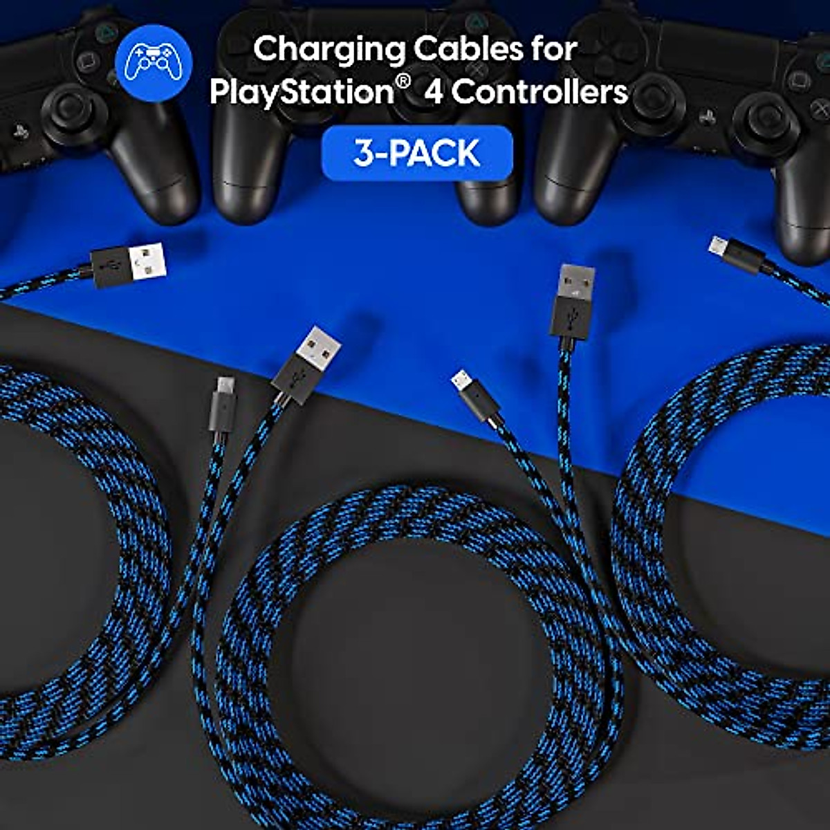 TALK WORKS Micro USB Controller Charger Cable for Playstation 4-6-Foot Long Braided Heavy-Duty Fast Charger Cord for PS4, Blue-Black (3 Pack)