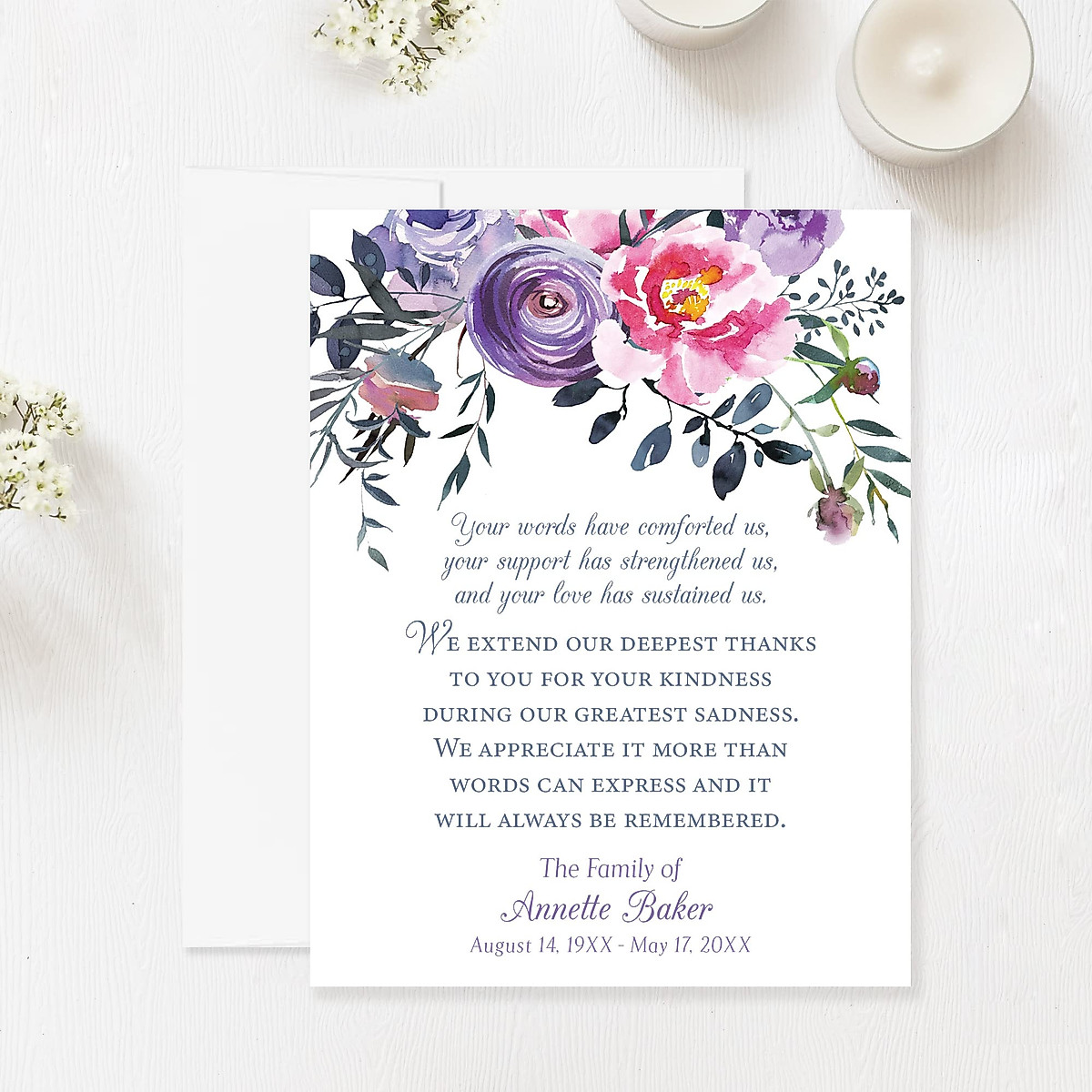 Hello Love Goods Pink and Purple Floral Funeral Thank You Cards, Sympathy Acknowledgement Cards, 4.25x5.5 Flat Bereavement Notecards with Envelopes