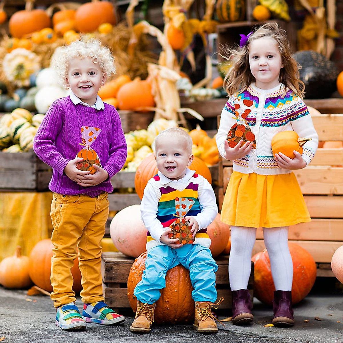 JOICEE 120PCS Fall Cellophane Bags, Maple Leave Cellophane Treat Candy Bags with Twist for Thanksgiving Halloween Party Favor…