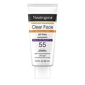 Neutrogena Clear Face Liquid Lotion Sunscreen for Acne-Prone Skin, Broad Spectrum SPF 55 with Helioplex Technology, Oil-Free, Fragrance-Free & Non-Comedogenic Facial Sunscreen, 3 fl. oz