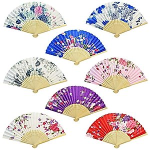 Miayon Floral Folding Hand Fan, 8Pcs Japanese Vintage Retro Style Folding Fan with Wooden Ribs Dancing Wedding Party Decor Fan (Random Color) (8pcs-Chinese Style with Wooden Rib)