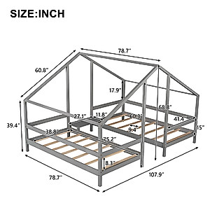 RUNWON Double Twin Size House Platform Bed, House-Shaped Sharing Daybed Frame with Built-in Desk and Safety Guard Rails for Kids Teens Adults, Grey