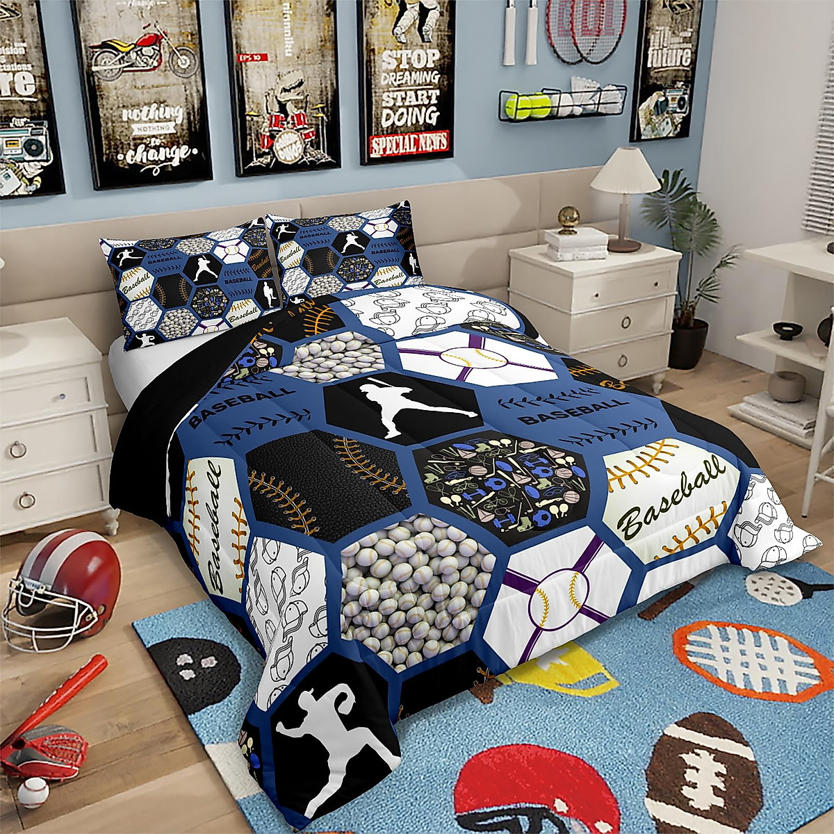 Erosebridal Baseball Bed Set for Boys,Baseball Player Comforter for Kids,Geometric Honeycomb Bedding Set Twin Size,Sports Ball Game Patchwork Quilt Set with 1 Pillowcase Lightweight