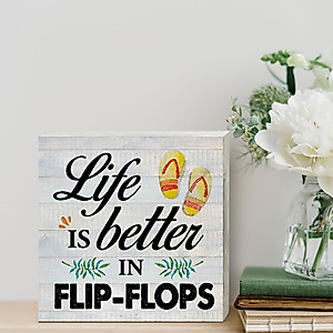 Summer Vacation Wooden Box Sign Desk Decor Life is Better in Flip Flops Wood Block Plaque Box Signs Farmhouse Rustic Box Sign for Home Beach House Shelf Table Decoration (5 X 5 Inch)