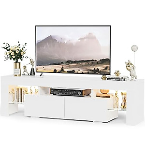 YESHOMY Modern LED TV Stand for Televisions up to 70 Inch with Glass Shelves and Drawer, Gaming Entertainment Center with Multiple Dynamic RGB Modes, for Livingroom, Bedroom, 60 Inch, White