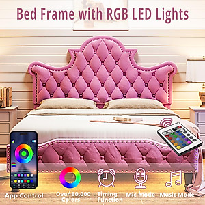 LIKIMIO Queen Size LED Bed Frame, Camas Queen with 58" Tall Tufted Headboard, Sturdy and Noiseless, No Box Spring Required, Pink