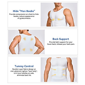 Mens Compression Shirt Workout Tank Tops Slimming Body Shaper Vest Abs Abdomen Undershirts (White, Small)