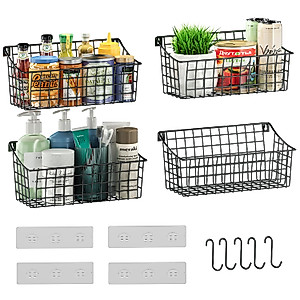4 Pack Hanging Wall Basket for Organizing, Large Wire Baskets for Storage Pantry with 5 S Hooks+4 Strong Adhesive Wall Hooks, Wall Mounted Metal Wire Storage Baskets Shelf for Cabinet Kitchen Bathroom