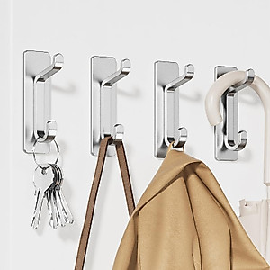 pickpiff Adhesive Coat Hooks, Extra Sticky Waterproof Metal Hook for Hanging Towels, Wreath, Purse, Hat, Cloth, Wall Mounted Hanger for Shower Bathroom Kitchen Door Heavy Duty, Silver, 4 Pack