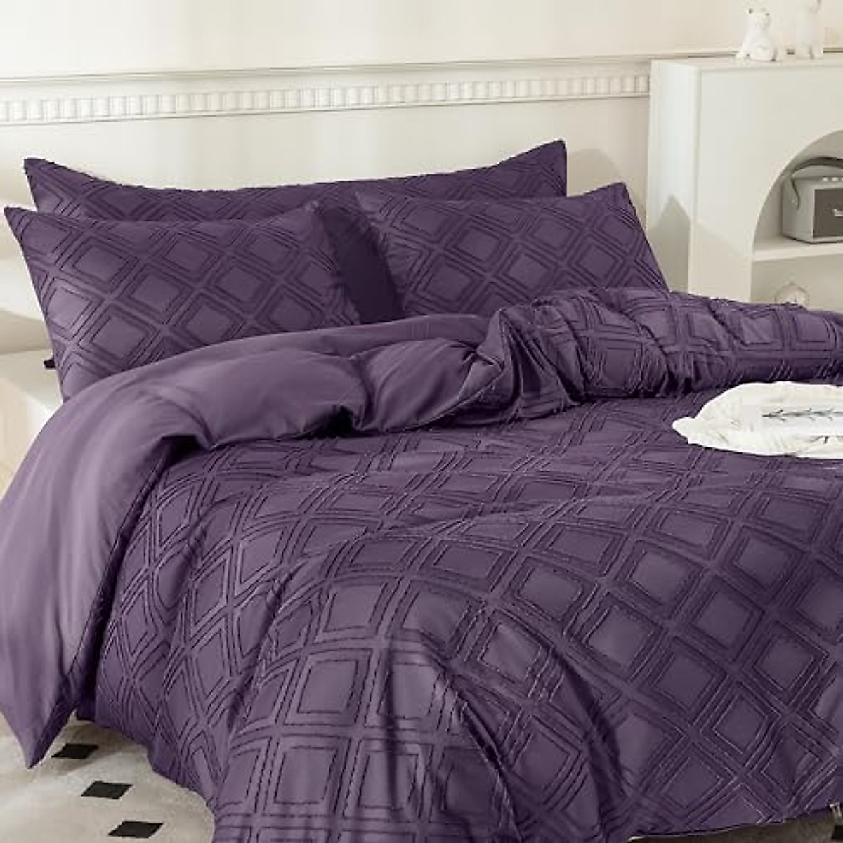 JELLYMONI Duvet Cover King Size - Purple Microfiber Tufted Duvet Cover Set, Boho Textured Duvet Cover Jacquard Rhombus Geometric Pattern Duvet Cover with Corner Ties & Zipper Closure