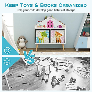 Costzon Kids Dollhouse Bookshelf, Wooden Bookcase for Children, Toy Storage Organizer with 2 Fabric Drawers, 2-Tier Montessori Toddler Book Shelf for Kids Room, Playroom, Nursery, White