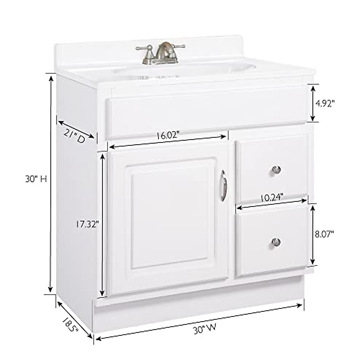 Design House Concord 30 Inch Bathroom Vanity, Ready to Assemble, Solid Wood, White, 587014