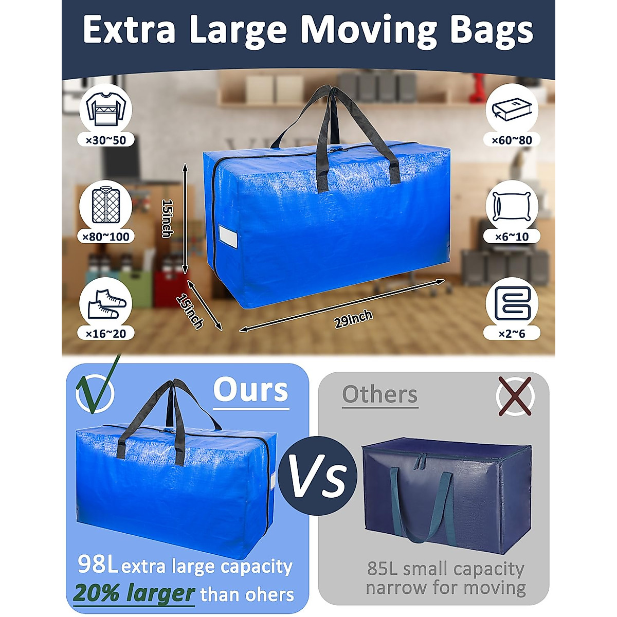 Extra Large Moving Bags with Strong Handles, 4 Pack Heavy Duty Storage Bags with Smooth Zipper, Oversized Storage Tote for Clothes Moving Supplies Dorm Essentials Household Containers