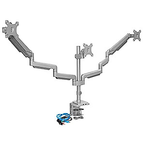 Mount-It! Triple Monitor Mount | Desk Stand with USB and Audio Ports | 3 Counter-Balanced Gas Spring Height Adjustable Arms for Three 24 27 30 32 Inch VESA Screens | C-Clamp and Grommet Bases Included