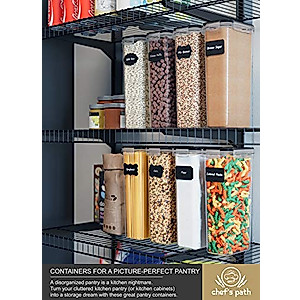 Chef's Path Airtight Food Storage Containers (Set of 4, 2.8L) - Tall Pasta Storage Containers for Pantry & Kitchen Organization, Spaghetti, Noodles, Cereal - Lids, Noodle Measure and Reusable Labels Included