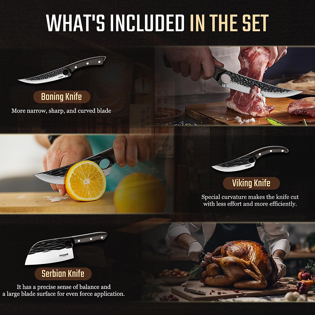 Huusk Knives Set, Serbian Chef Knife Set with Bag, Japanese Kitchen Knife Set, Hand Forged High Carbon Steel Knife Set, Full Tang Knife Set with Ebony Handle, Butcher Knife Set for Dad, Ideal Gif