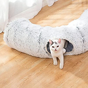 LUCKITTY Warm Fluffy Plush Cat Dog Tunnel Bed with Washable Cushion-Big Tube Playground Toys 3 FT Diameter Longer Crinkle Collapsible 3 Way, for Indoor Cat Kitty Kitten Puppy Rabbit Ferret White