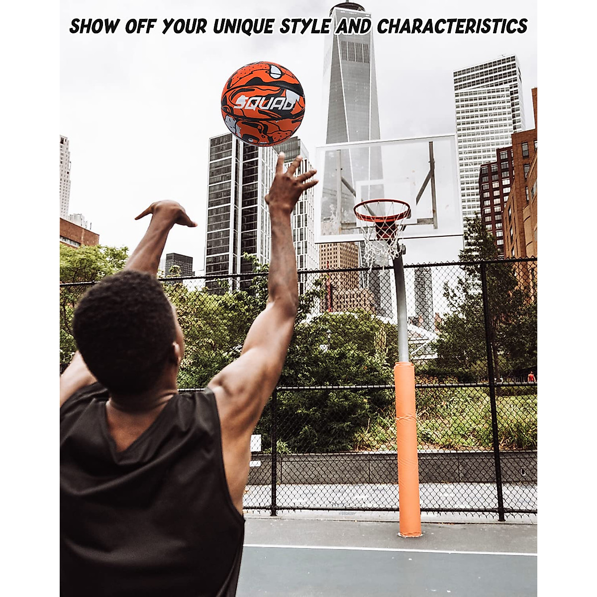 SQUAD Graffiti Basketball Size 7 (29.5"), Durable Rubber Basketball Ball for Indoor & Outdoor Play, includes Pump & Mesh Bag