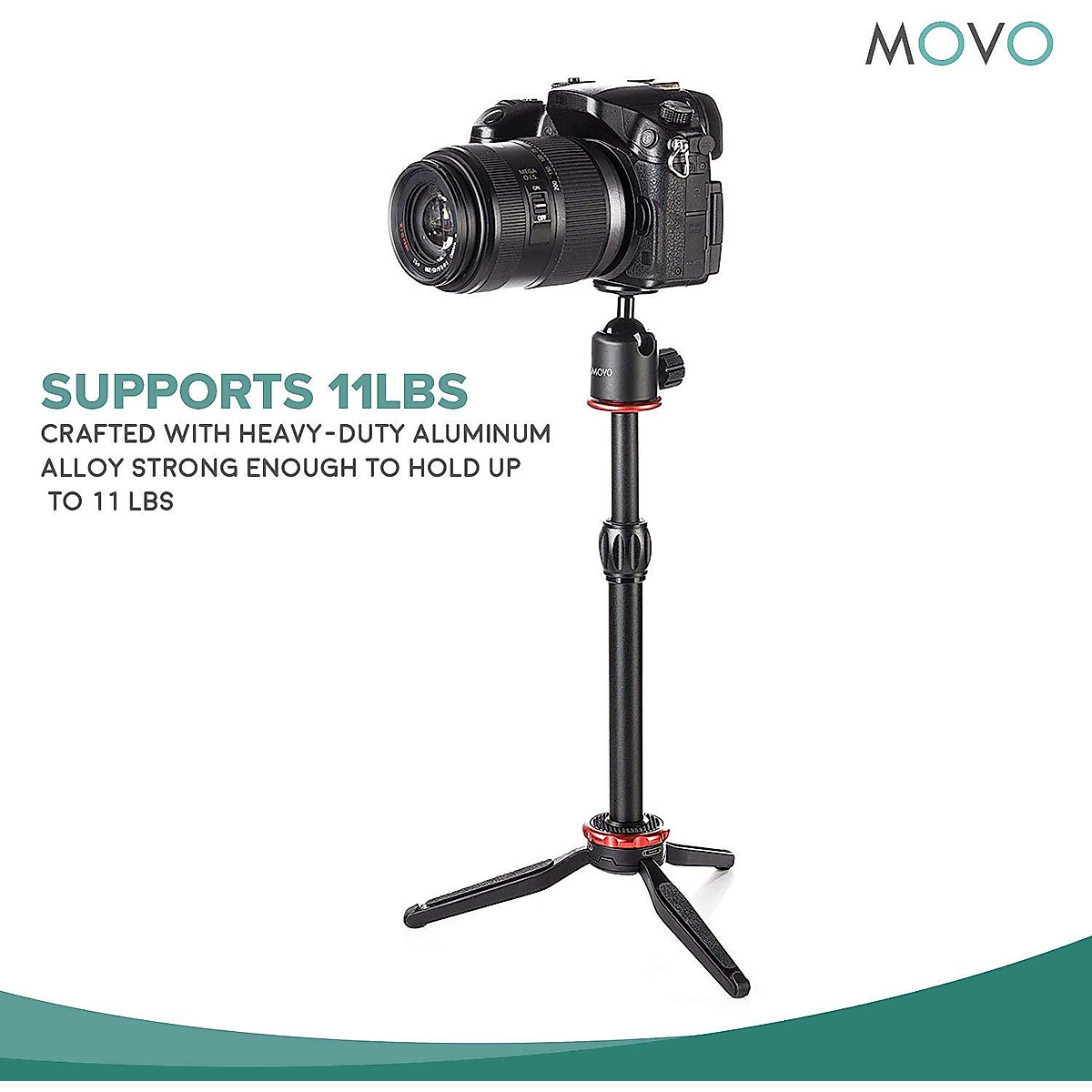 Movo Universal Mini Camera Tripod with Extendable Pole (MV-T1) Adjustable Head, Heavy-Duty Aluminum Travel Stand for DSLR, Mirrorless, GoPro, Smartphones, Compact, Portable