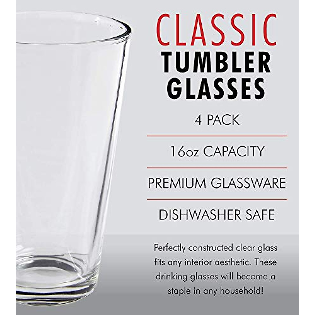 Clear Glass Beer Cups – 4 Pack – All Purpose Drinking Tumblers, 16 oz – Elegant Design for Home and Kitchen – Lead and BPA Free, Great for Restaurants, Bars, Parties – by Kitchen Lux