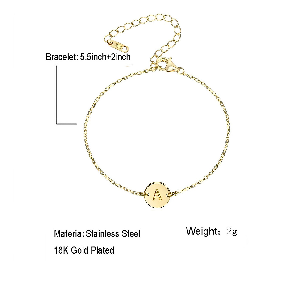 18K Gold Plated Stainless Steel Initial Bracelet Personalized Letter J Charm Bracelet Small Dainty Disc Monogram Name Bracelet for Women