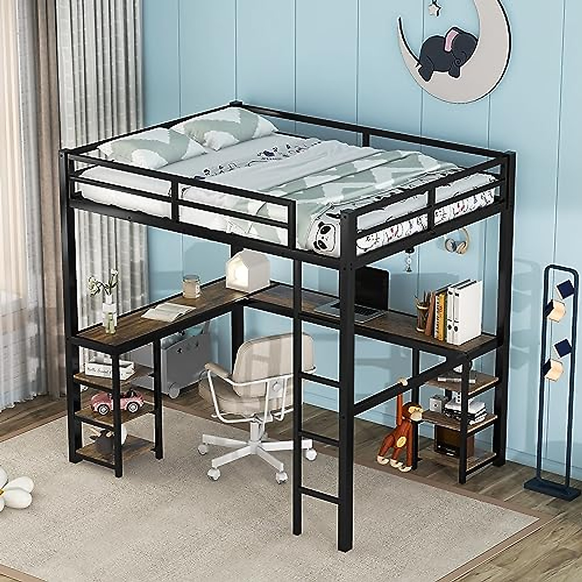 BOVZA Full Metal Loft Bed with Desk and Shelves, Multifunctional Loft Bed with Ladder and Safety Guardrails, Bed Frame for Bedroom, Space Saving, Black