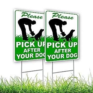 2 PC Pick Up After Your Dog Sign - 8x12 Double Sided Coroplast No Pooping Dog Signs for Yard - Dog Poop Signs for Yard - Curb Your Dog Sign