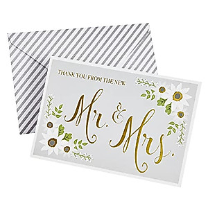 Sustainable Greetings 48 Pack New Mr and Mrs Wedding Thank You Cards with Striped Decorative Envelopes (4x6 In)