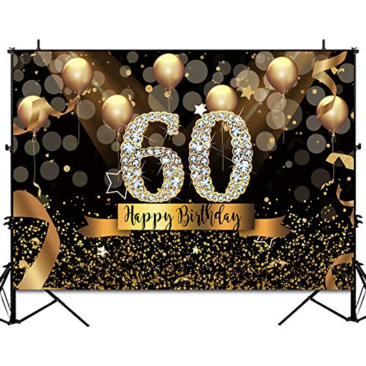 Sensfun Happy 60th Birthday Backdrop for Adult Party 8x6ft Bokeh Circle Glitter Gold Balloon Photography Background Sixty Birthday Black Gold Party Backdrops Diamond 60th Birthday Vinyl Photo Banner