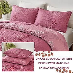 WONGS BEDDING Red Floral Quilt Set King Size,3 Pieces Botancal Leaves Bedspread Coverlet Set with 2 Pillowcases for All Season, Soft Microfiber Floral Bedding Set 104"×90"