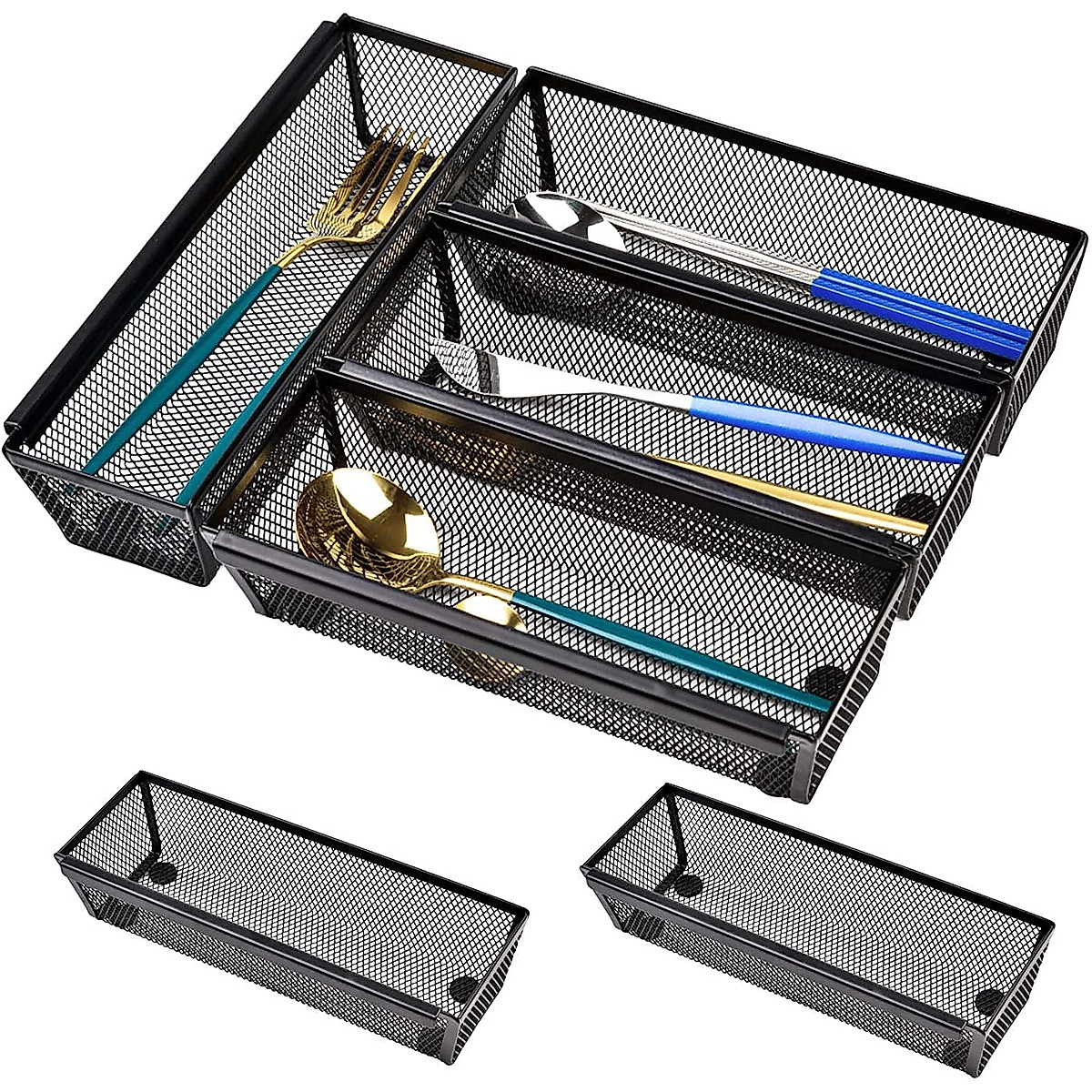 KUAKEE 11.8 x 3 x 2 Inch Silverware Drawer Organizer, 6 Pcs Metal Mesh Drawer Organizer for Kitchen, Black Utensil Organizer, Silverware Tray with Interlocking Arm for Flatware Knives Forks and Spoons